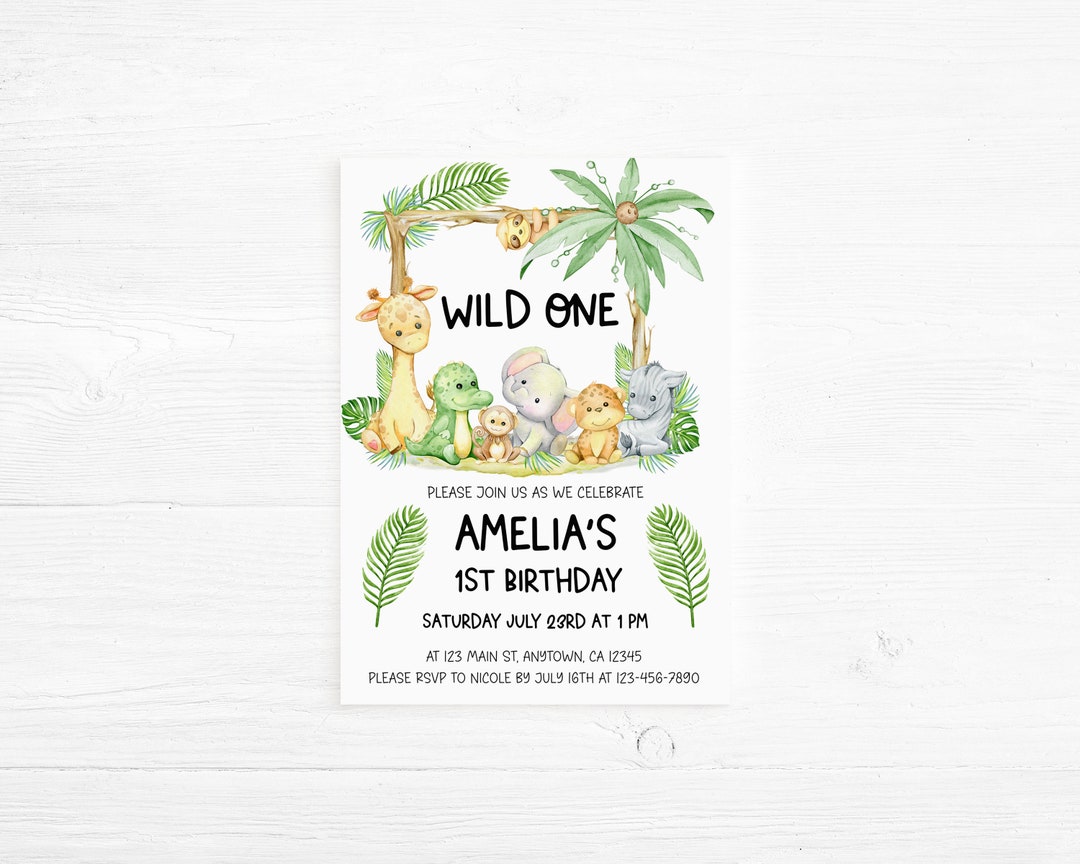 Wild One Safari Themed 1st Birthday Party Invitation, Safari Animal ...
