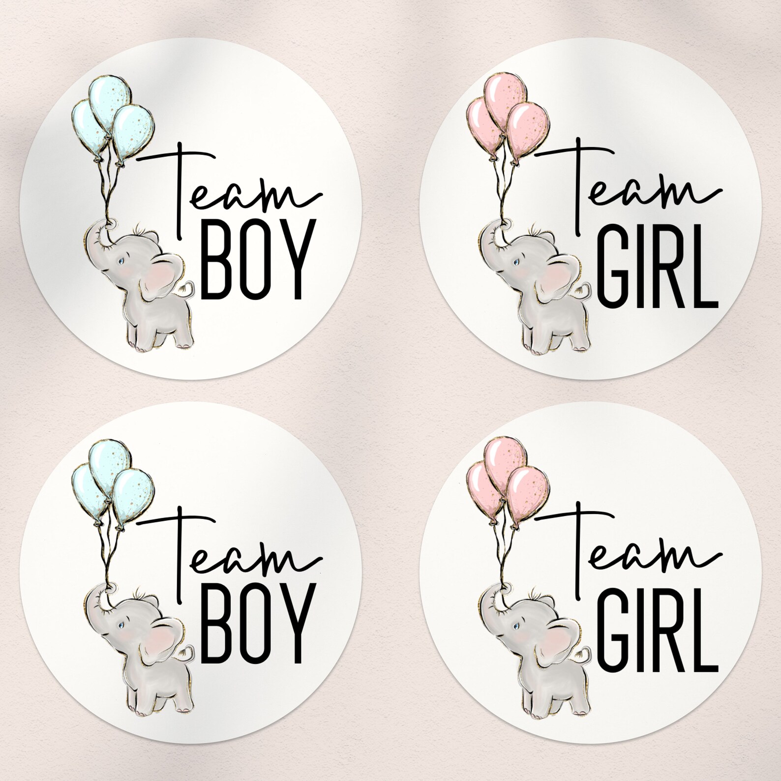 Team Boy and Team Girl Gender Reveal Stickers, Elephant Themed Gender ...