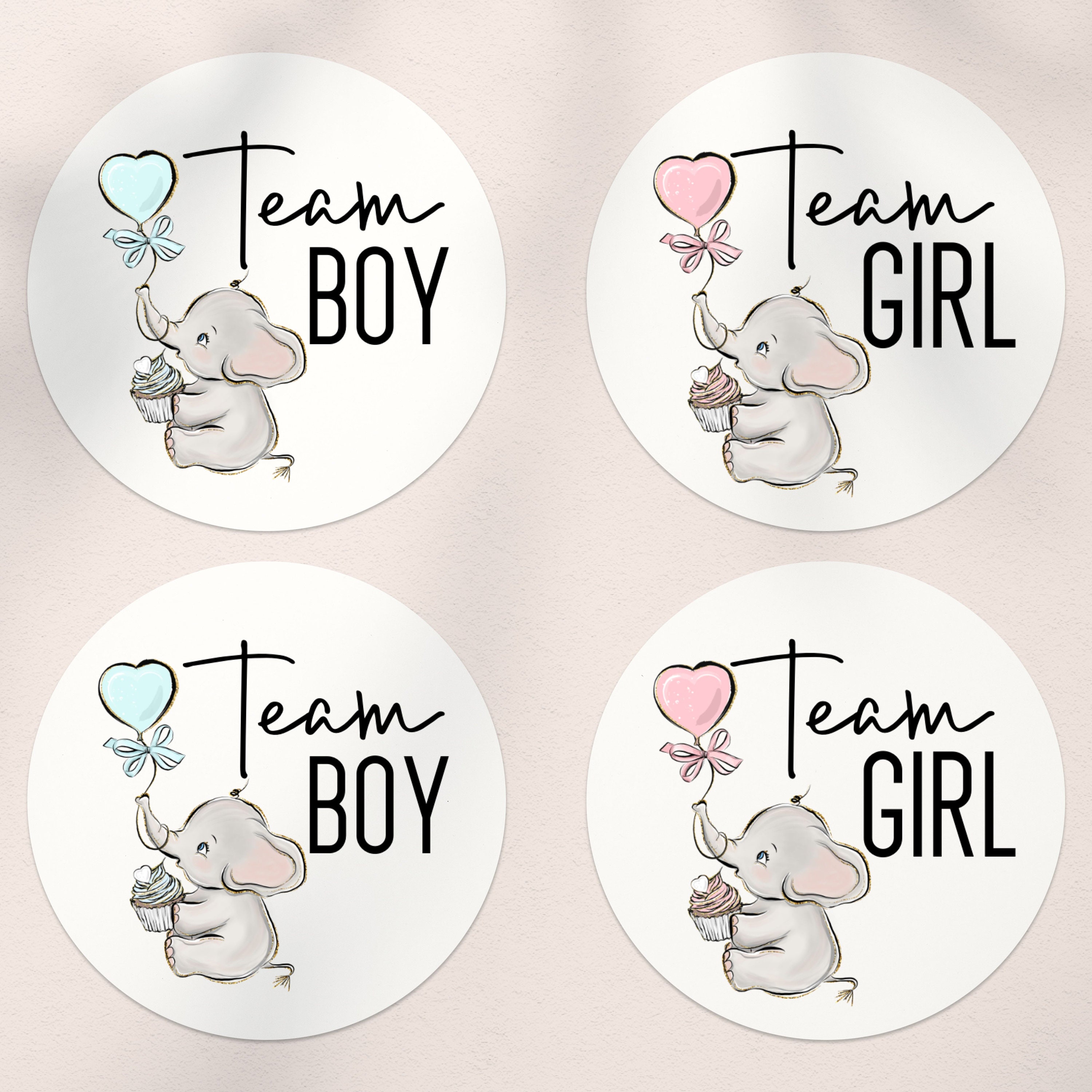 Team Boy and Team Girl Elephant Gender Reveal Stickers, Digital ...