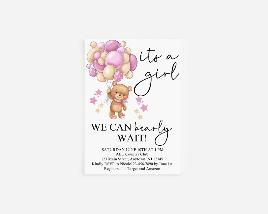 Its a Girl and We Can Bearly Wait Baby Shower Invitation, Bear Themed ...