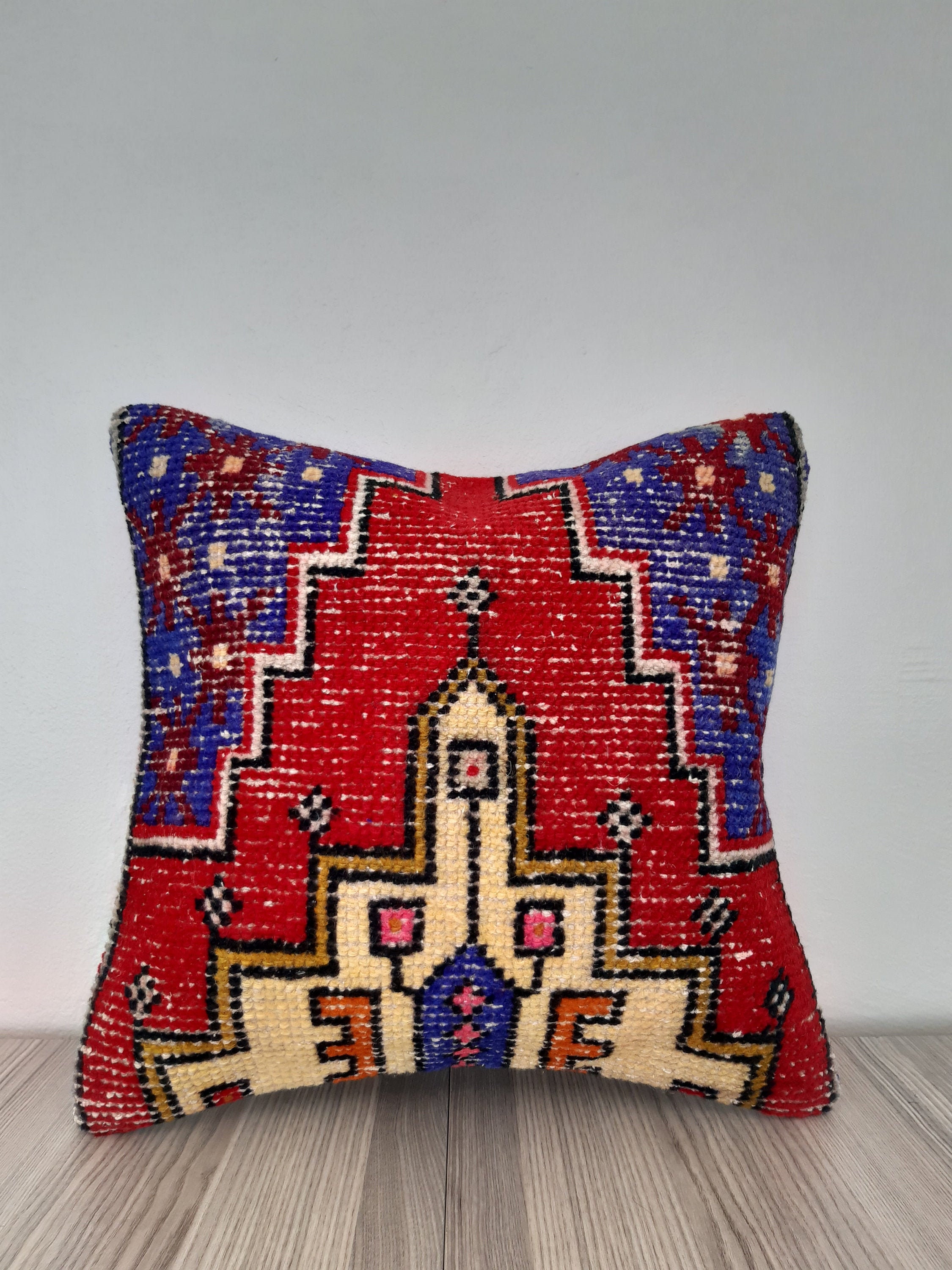 Navy Red Throw Pillow 16x16 vintage Embroidered Pillow - Etsy Israel