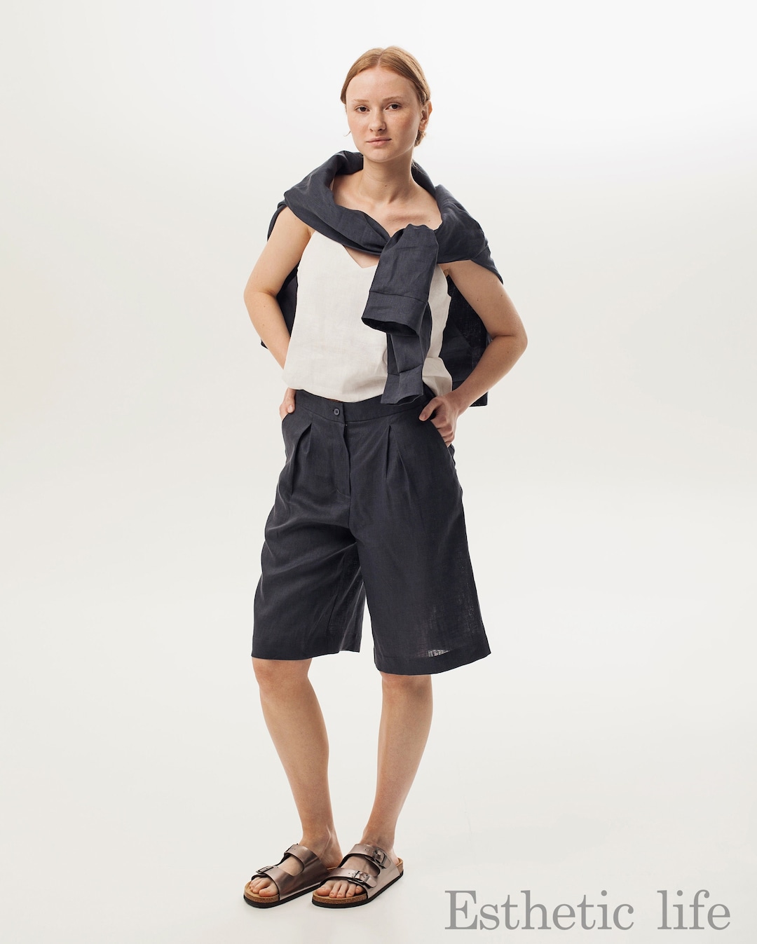 Light Linen Long Shorts for Women, Knee Length, in Green, White, Blue ...