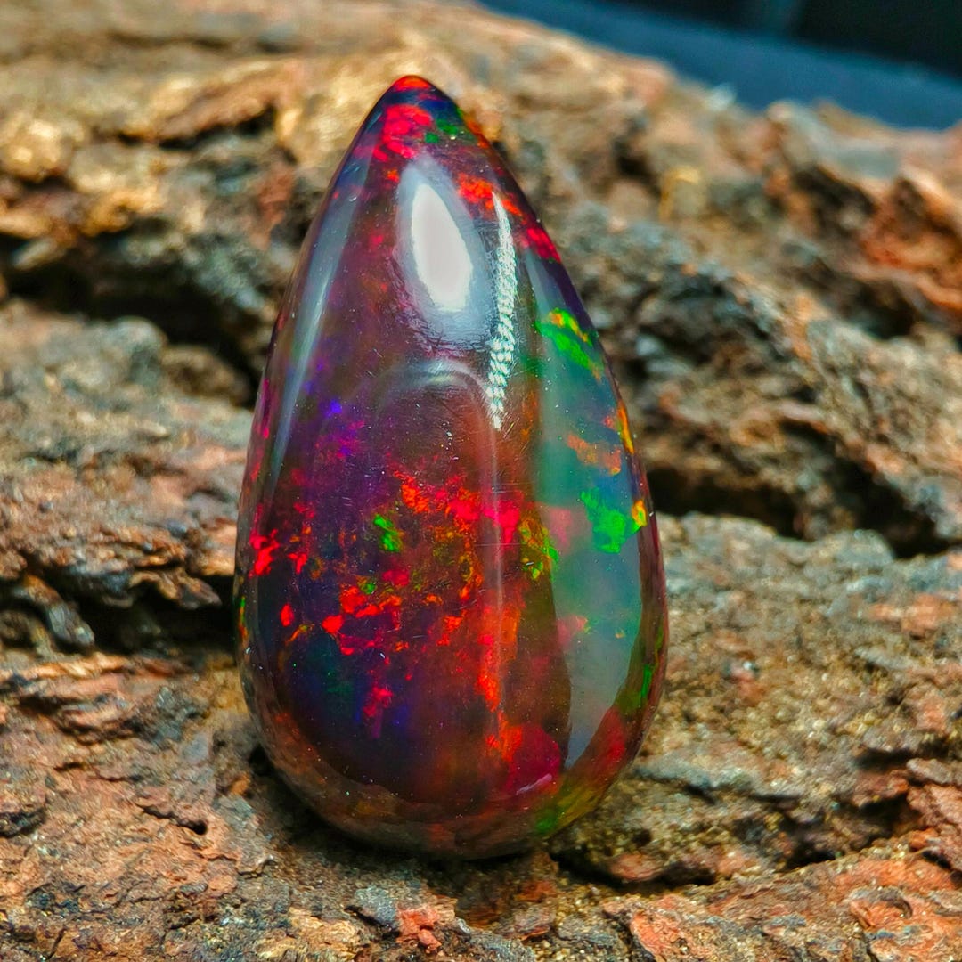 19.35 CT AAA Grade Multi Fire Opal Cabochon Rare Ethiopian Black Fire Opal Loose Gemstone Pear ...
