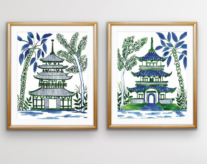 Chinoiserie Prints, Blue Pagoda Print, Hollywood Regency Decor, Pagoda ...