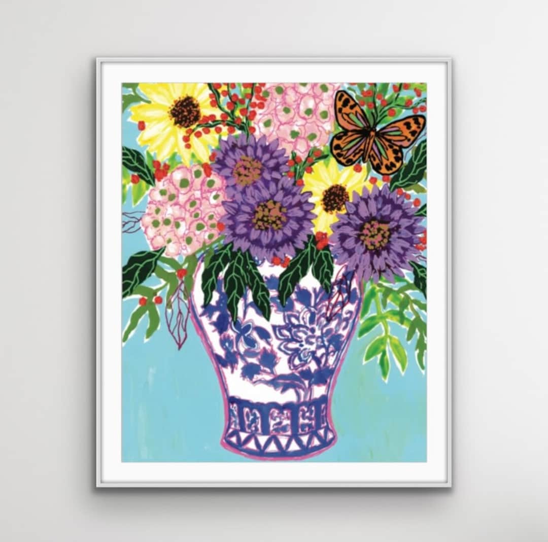 Mixed Floral, 8x10 Inches, Unframed, Blue and White Vase, Blue and ...