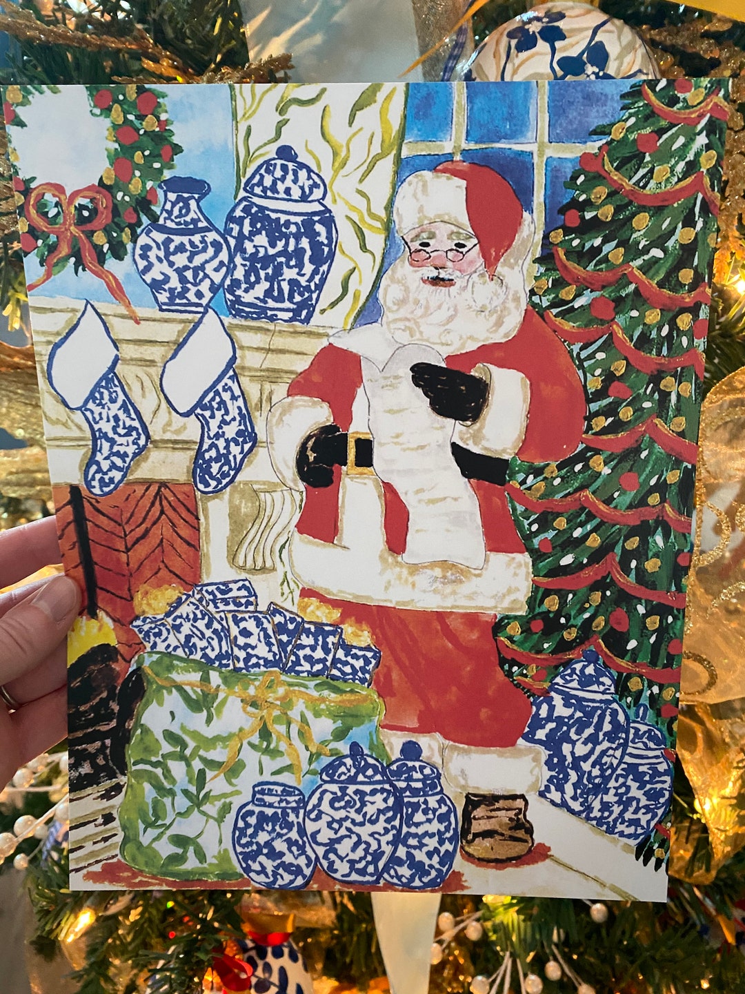 Blue and White Santa Signed Print, Unframed, 8x10, Santa Art ...