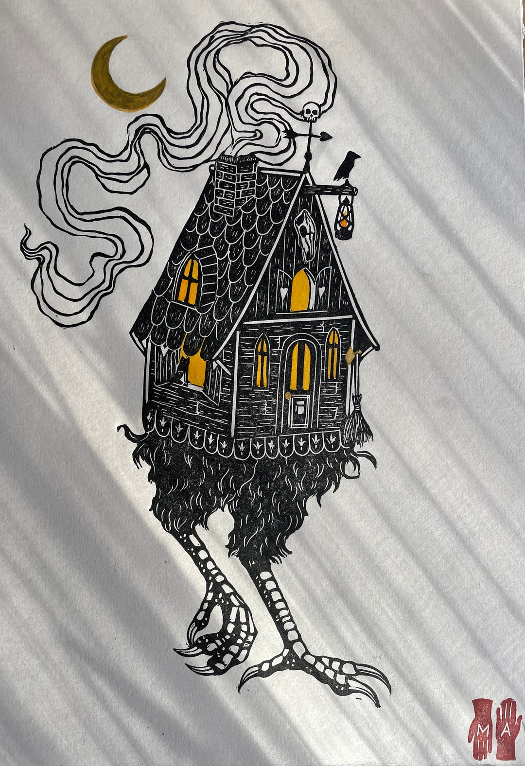 Baba Yaga's Chicken Legged House Pagan Folktale Black Linocut ...