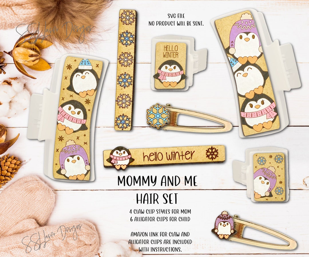 Mommy and Me Penguin Claw Clips Svg Laser File, Winter Claw Clips Svg ...