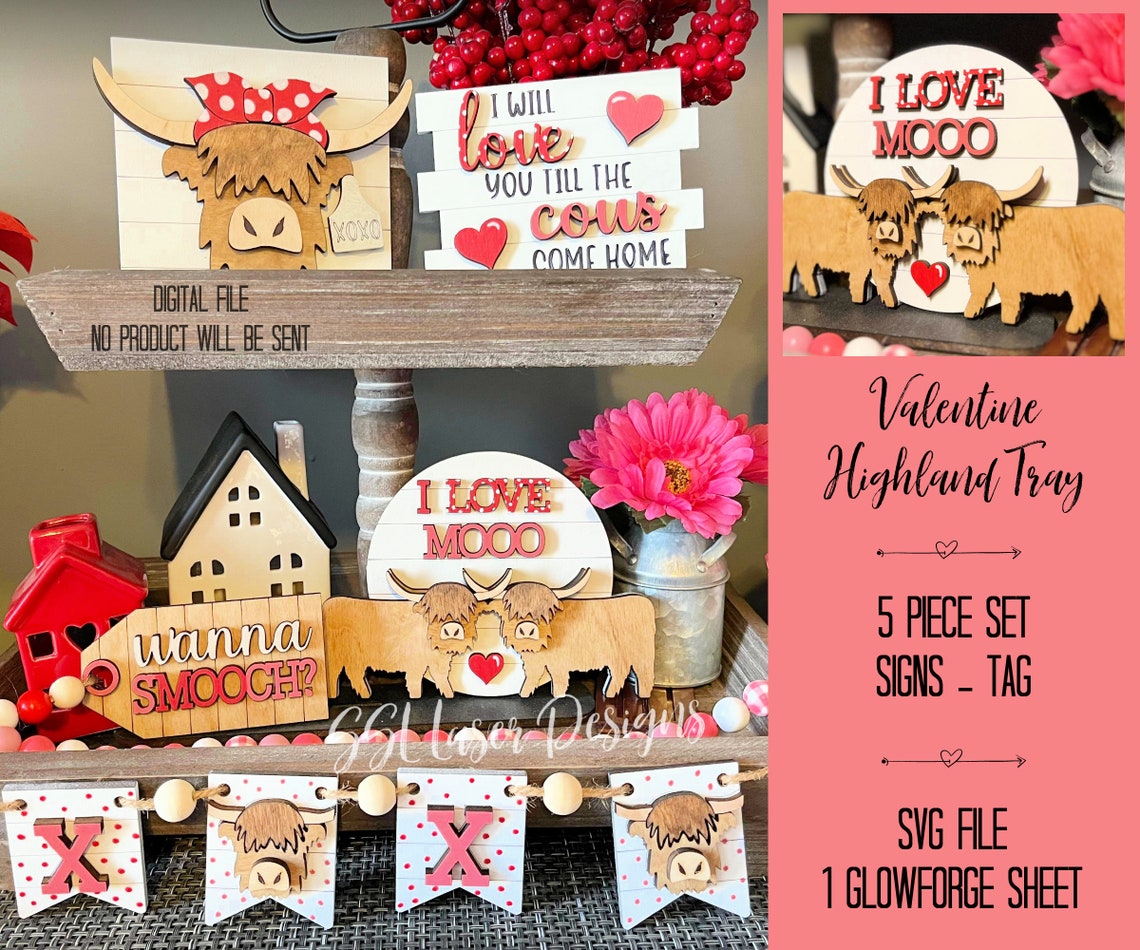 Highland Cow Valentine's Tiered Tray SVG Farm Valentine - Etsy