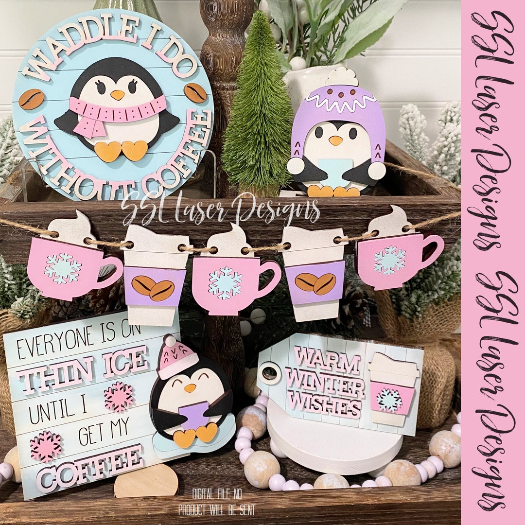 Coffee Penguin Tiered Tray SVG File, Winter Coffee Tiered Tray SVG ...
