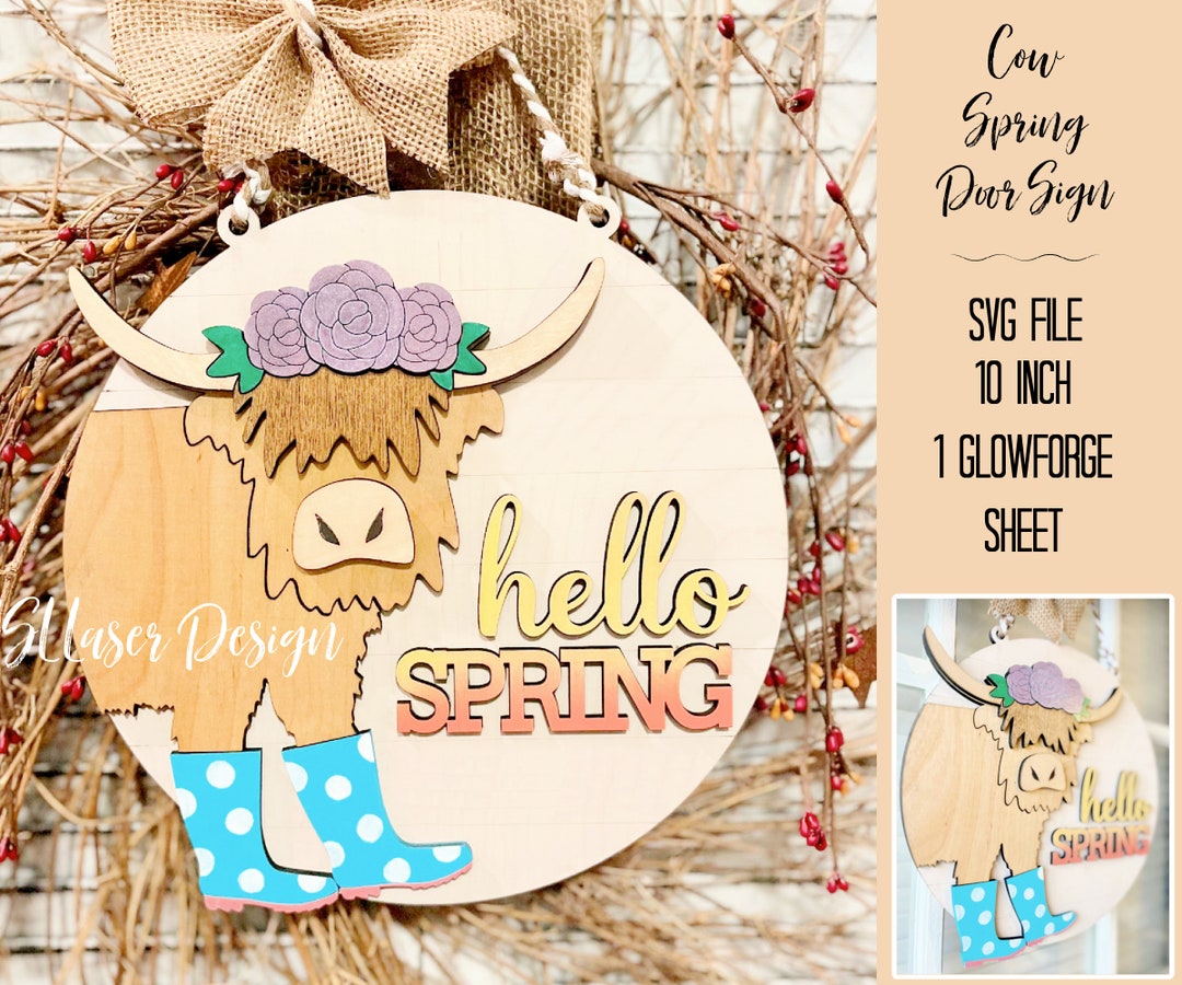 Spring Highland Cow Door Sign SVG, Spring Highland Sign, Fluffy Cow ...