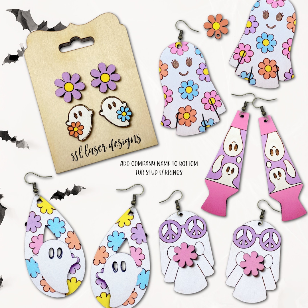 Retro Ghost Earrings SVG Cut File, Hippie Ghost Earrings Laser File ...