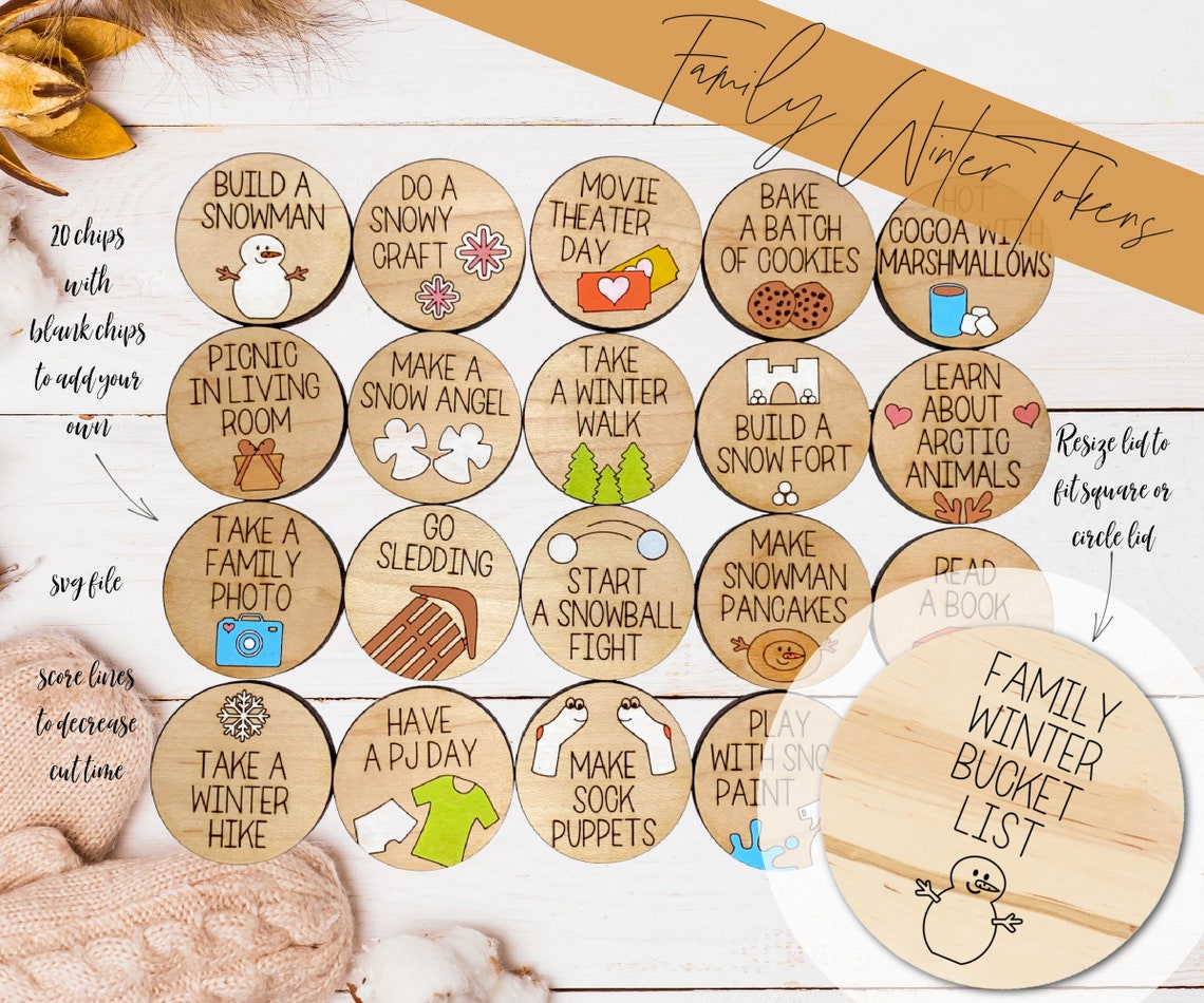 FAMILY Winter Bucket List Tokens SVG, Winter Activities Tokens SVG ...