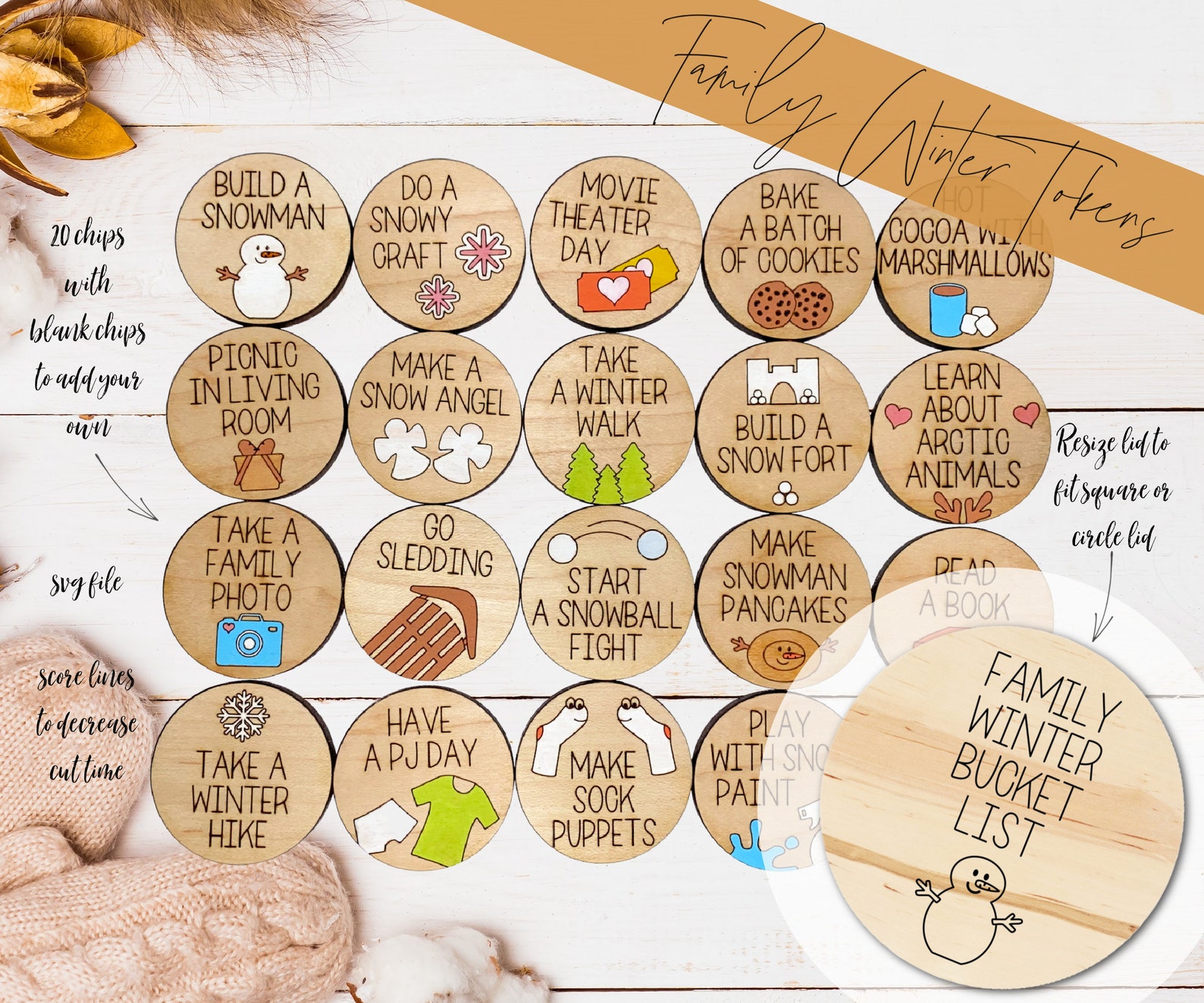 FAMILY Winter Bucket List Tokens SVG, Winter Activities Tokens SVG ...