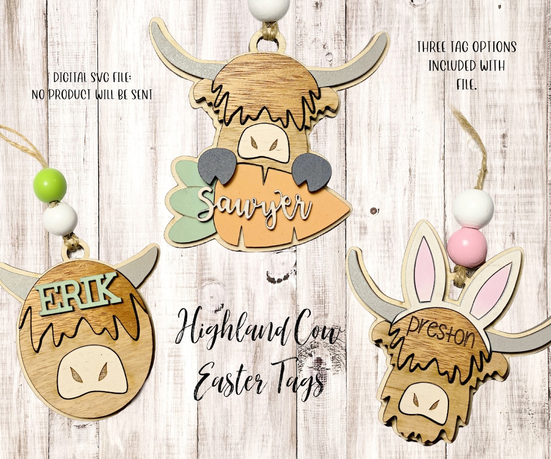Highland Cow Easter Tags SVG Cut File, Highland Cow Keychain, Highland ...