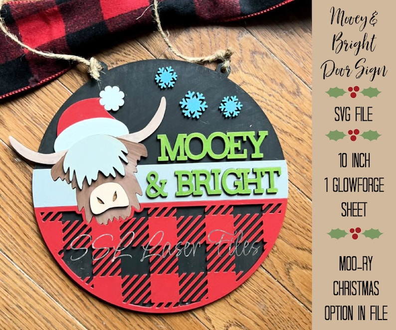 Highland Cow Christmas Door Sign SVG Mooey and Bright Sign - Etsy