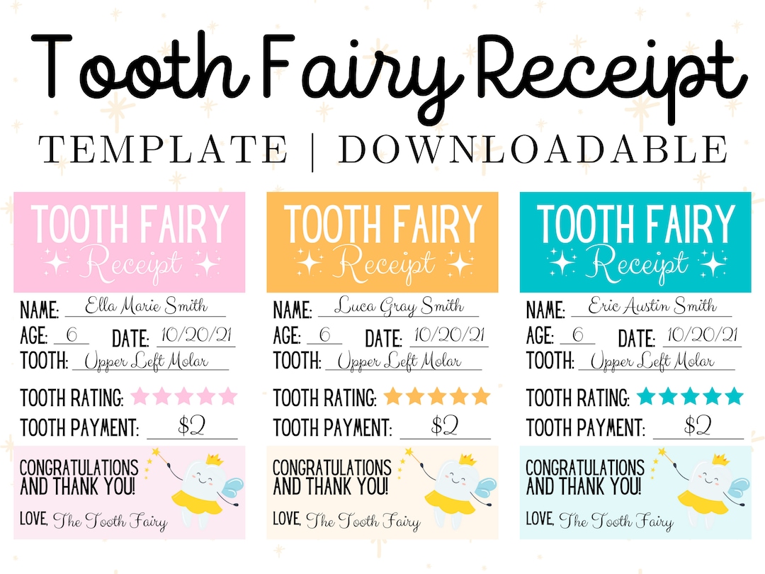 Tooth Fairy Receipt for Kids | Girls, Boys and Gender Neutral Colors ...