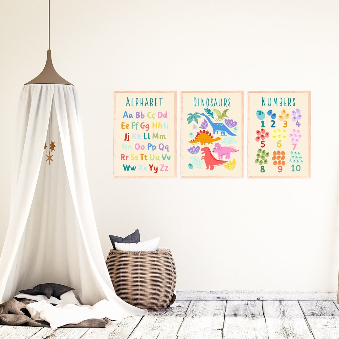 Set of 3 Dinosaur Artwork - Alphabet- Dinosaur- Numbers Poster ...