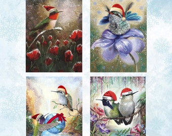 GLITTER FREE Hummingbird Christmas Cards 10 Hummer Santa - Etsy
