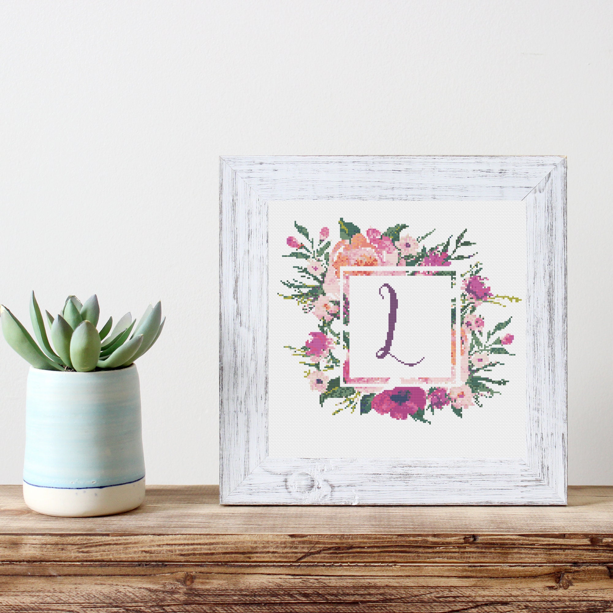 Letter L Monogram Initial Purple Pink Botanical Floral Letter Counted ...