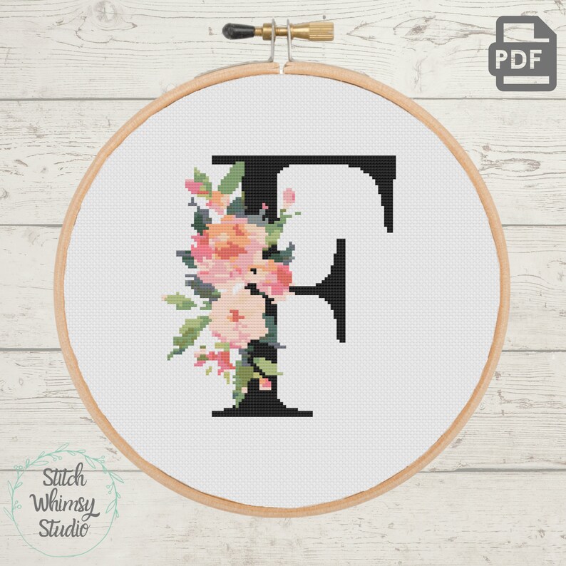 F Monogram Initial Letter Coral Peach Pink Botanical Floral Initial ...