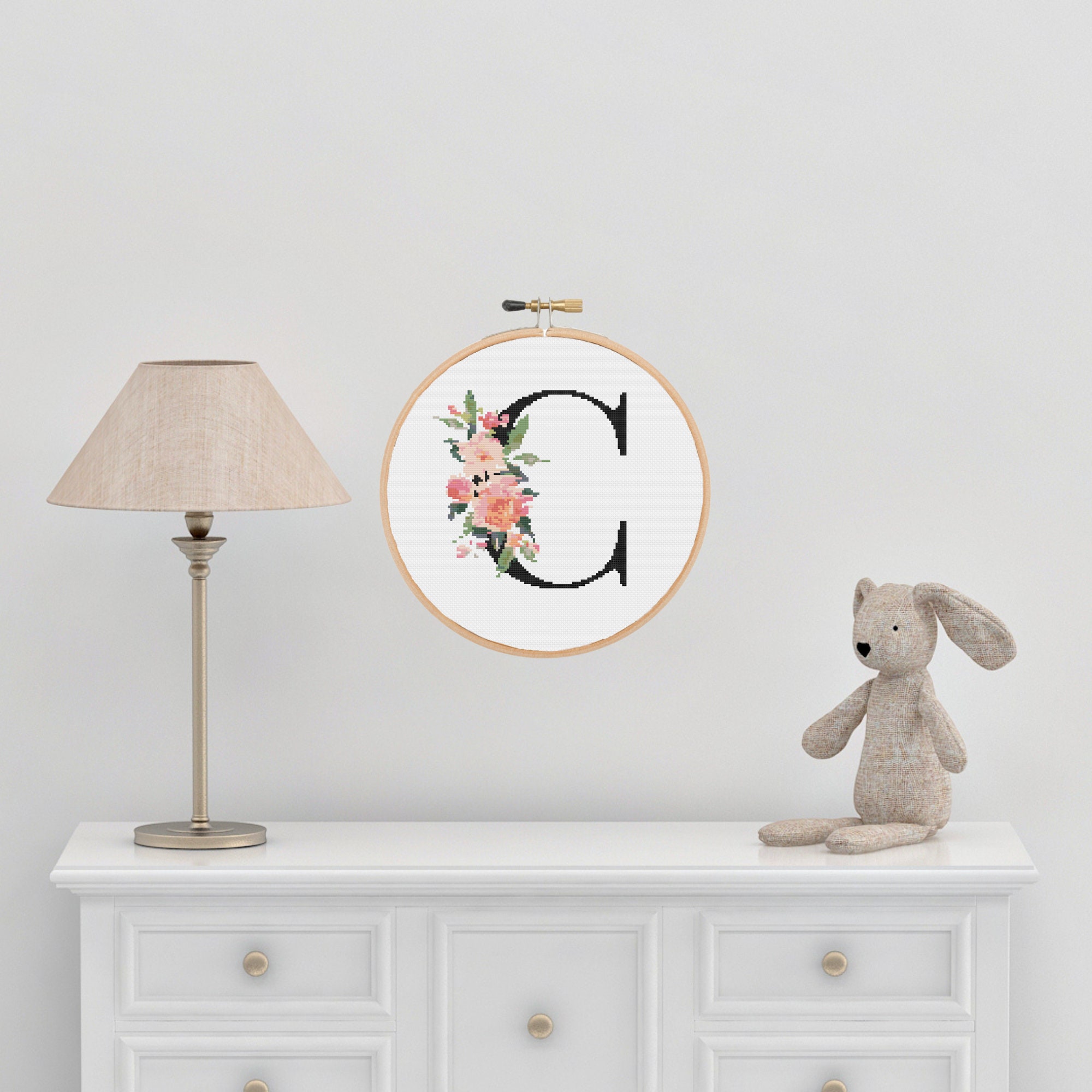 Letter C Monogram Initial Coral Peach Pink Botanical Floral Initial ...
