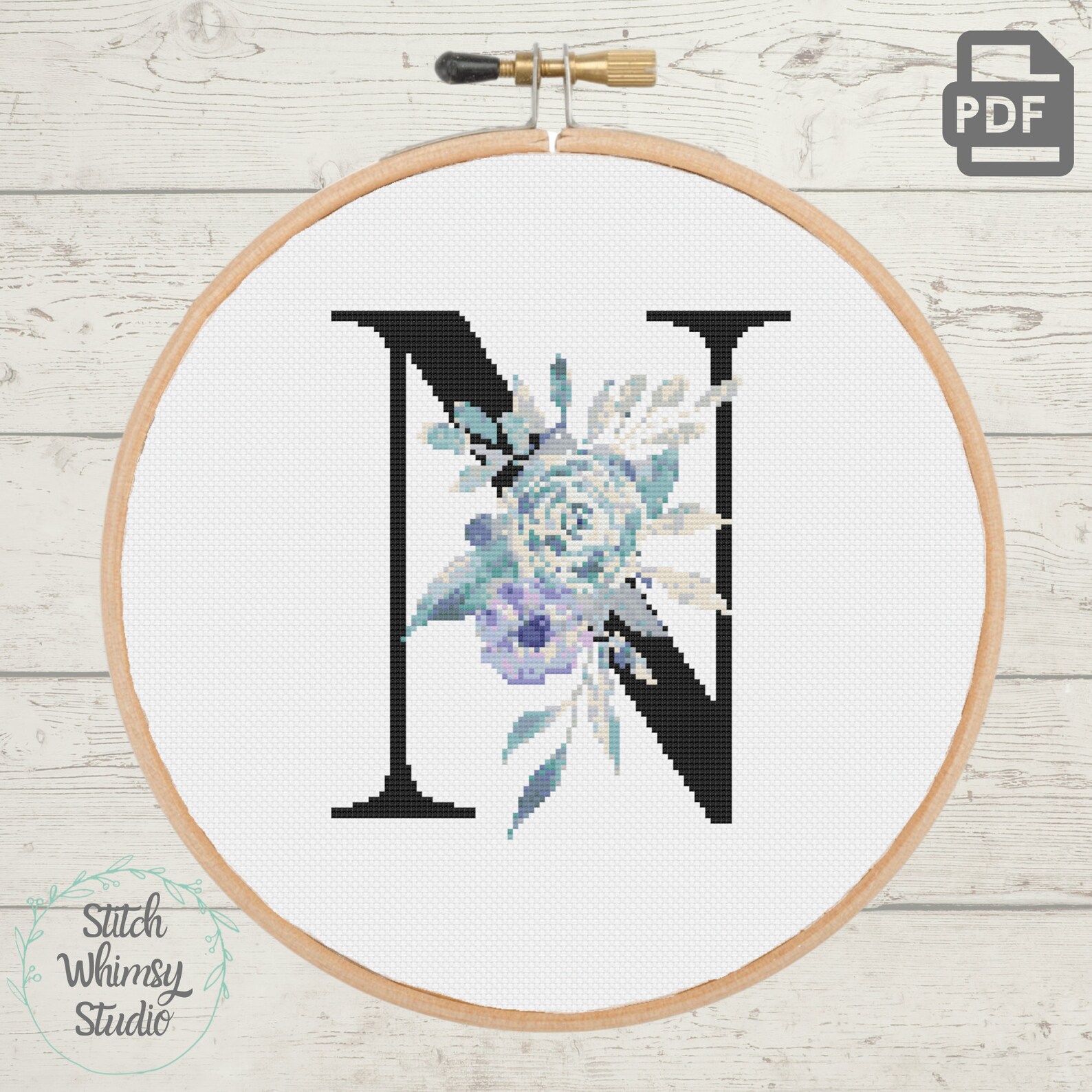 N Initial Monogram Letter Teal Purple Botanical Floral, Baby Girl ...