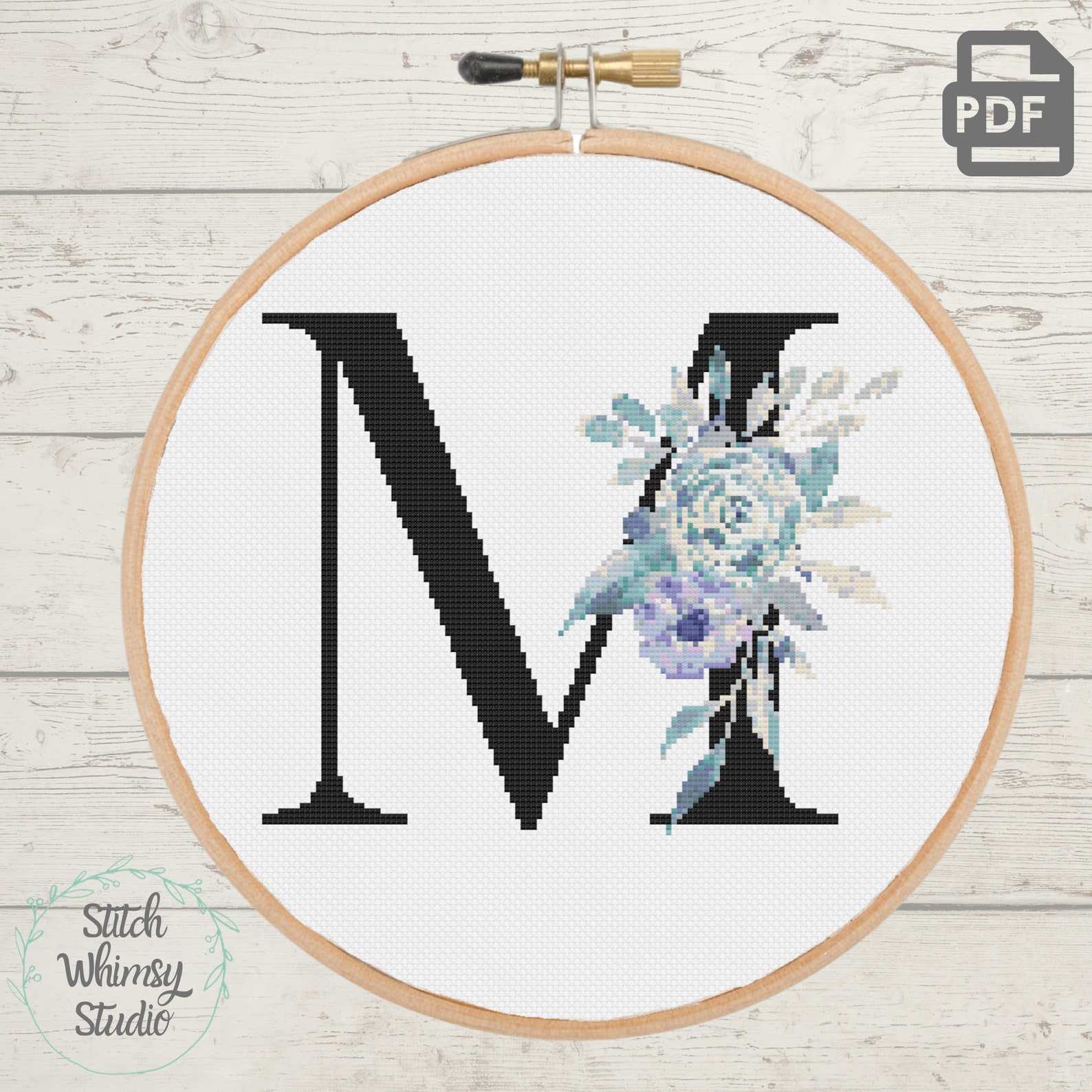M Initial Monogram Letter Teal Purple Botanical Floral, Baby Girl ...
