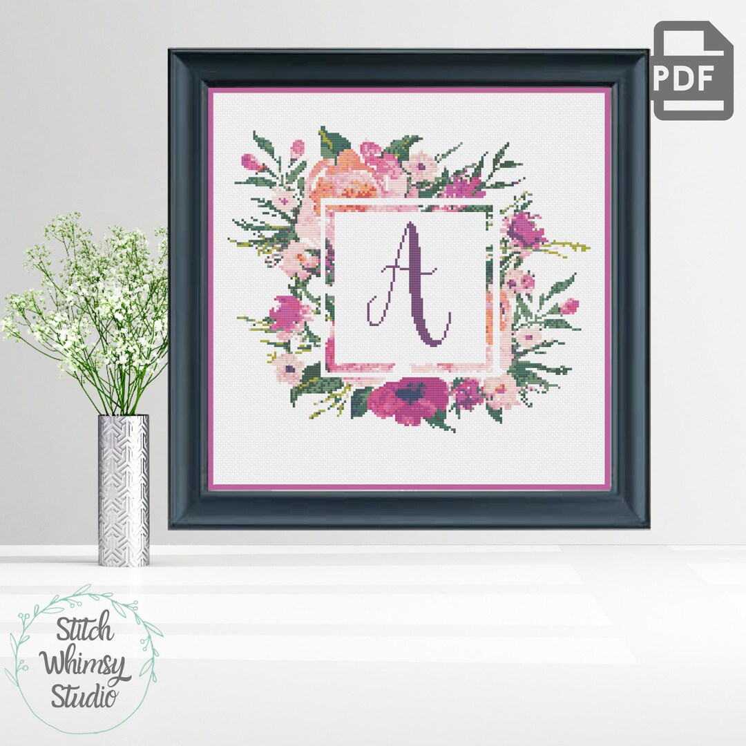 Letter A Monogram Initial Purple Pink Botanical Floral Letter Counted ...