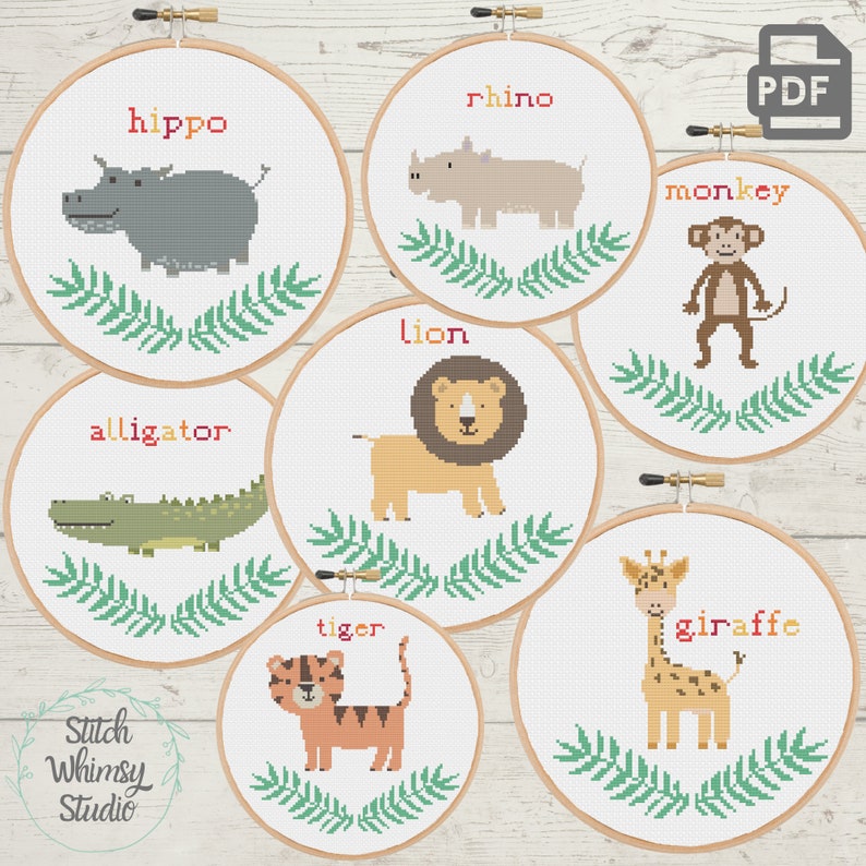 Set of Nursery Safari Jungle Animals Easy Counted Cross Stitch Pattern ...