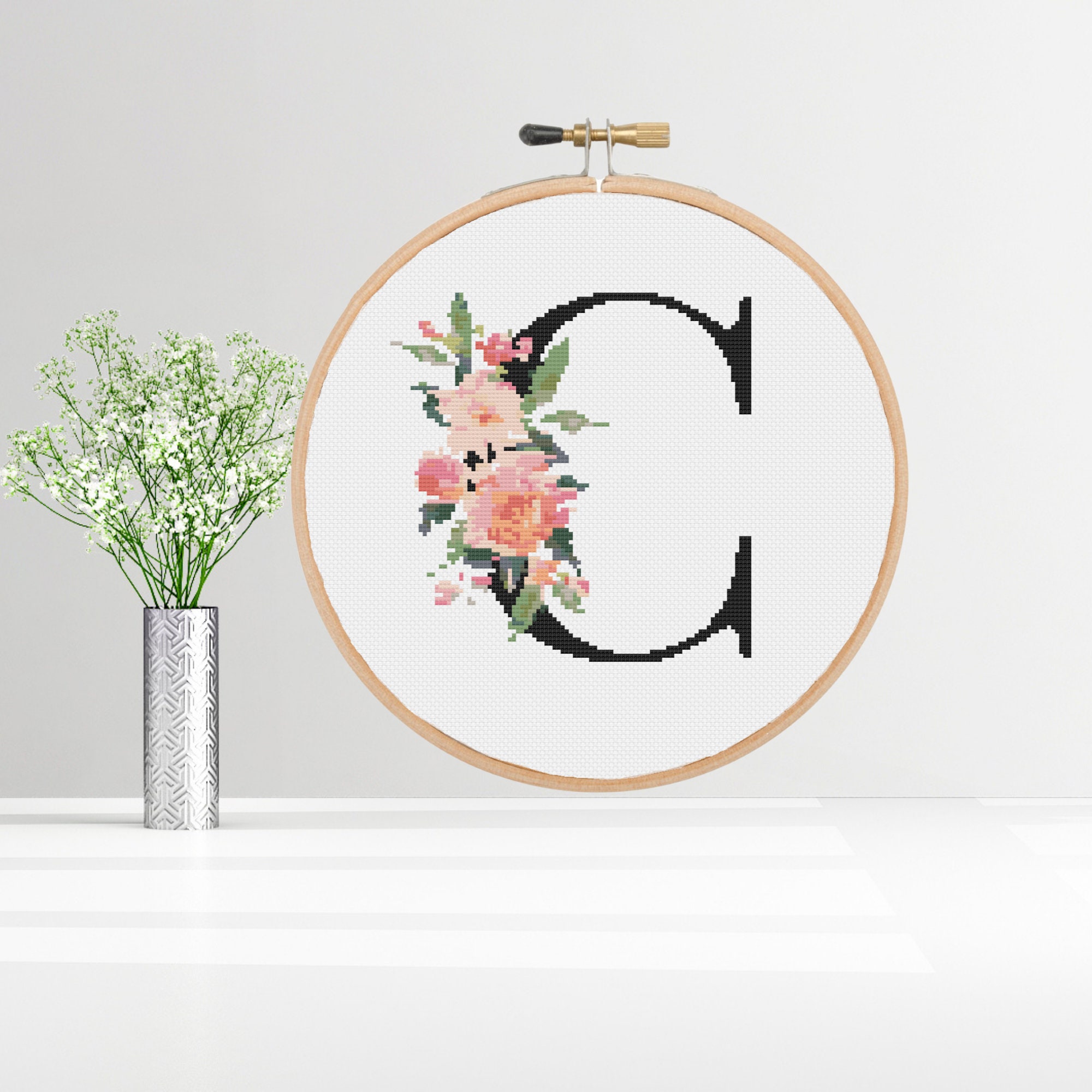 Letter C Monogram Initial Coral Peach Pink Botanical Floral Initial ...