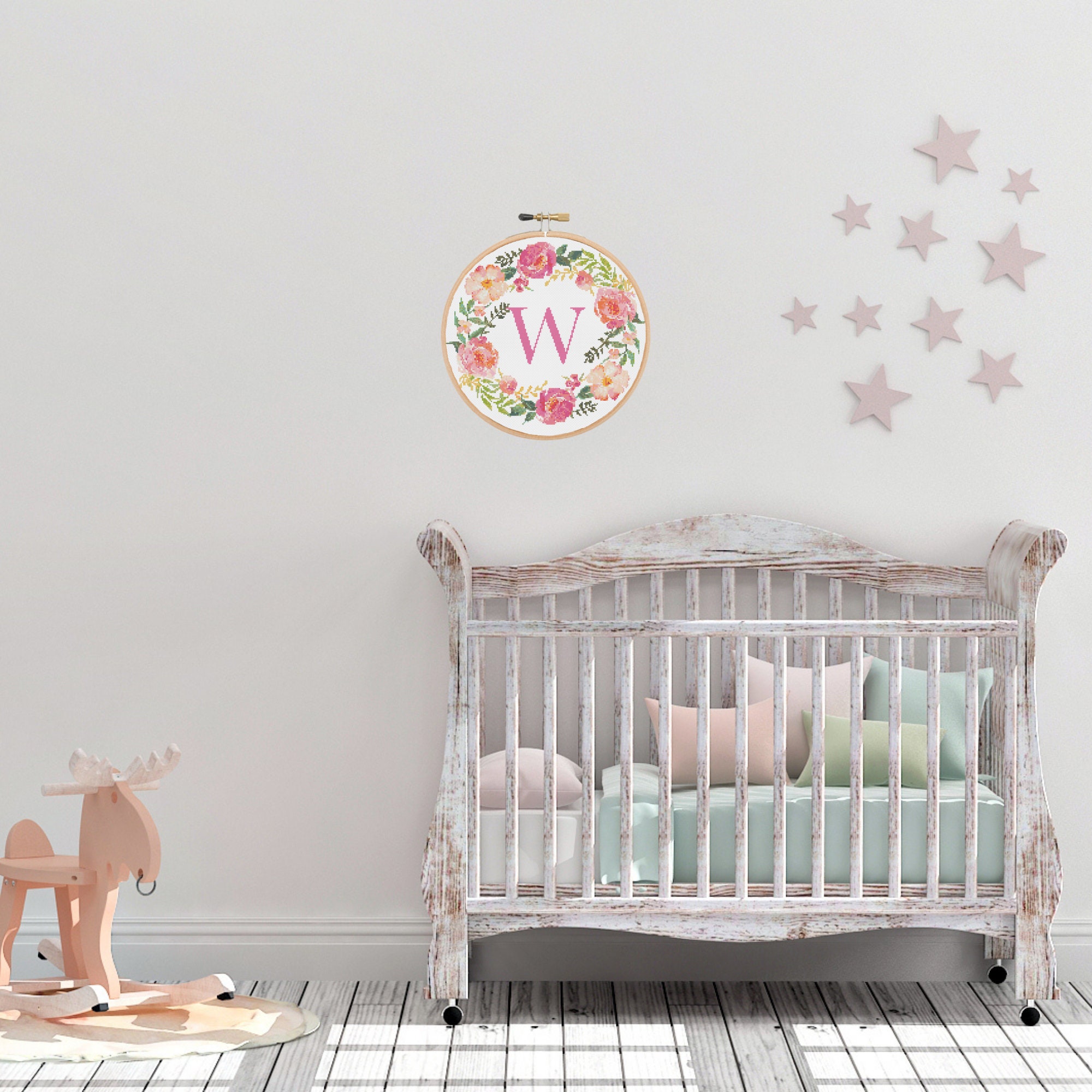 W Initial Monogram Pink Peony Floral Wreath Baby Girl Nursery - Etsy