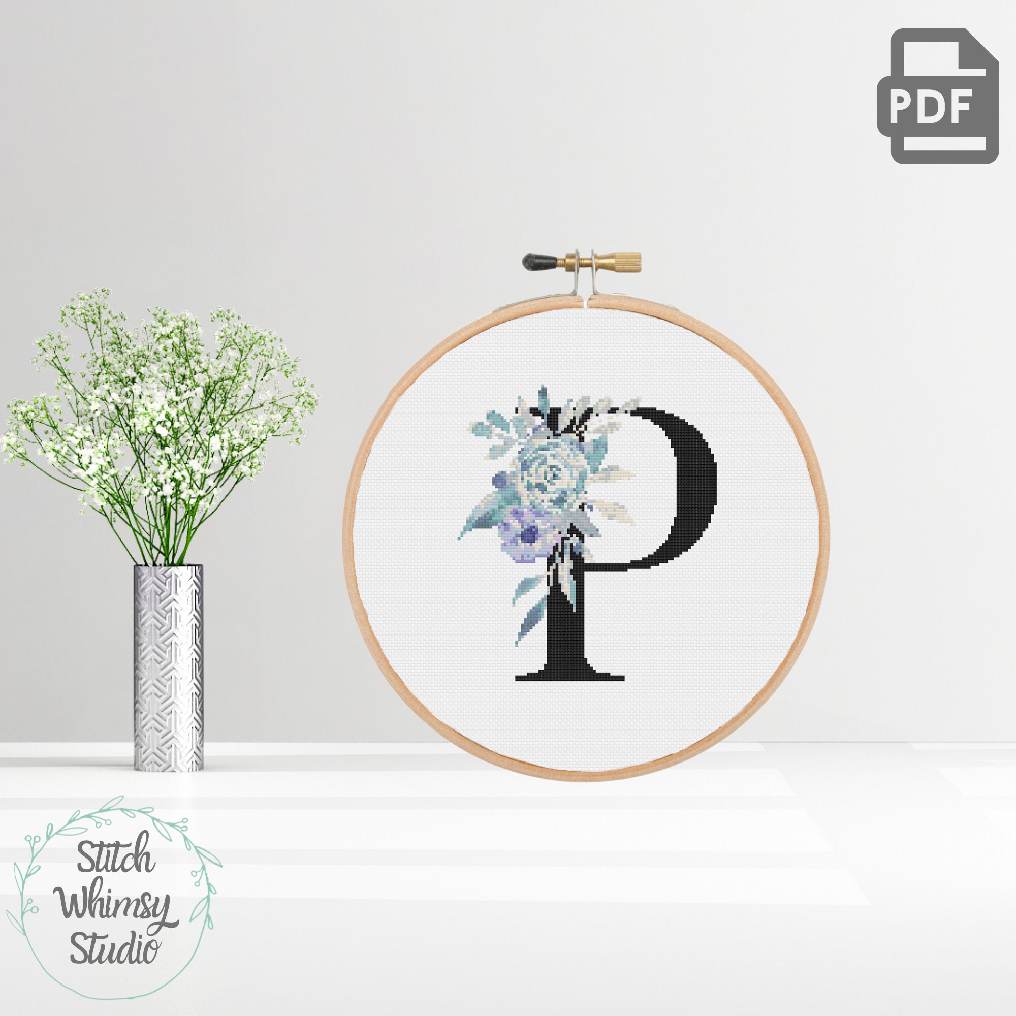 P Initial Monogram Letter Teal Purple Botanical Floral, Baby Girl ...