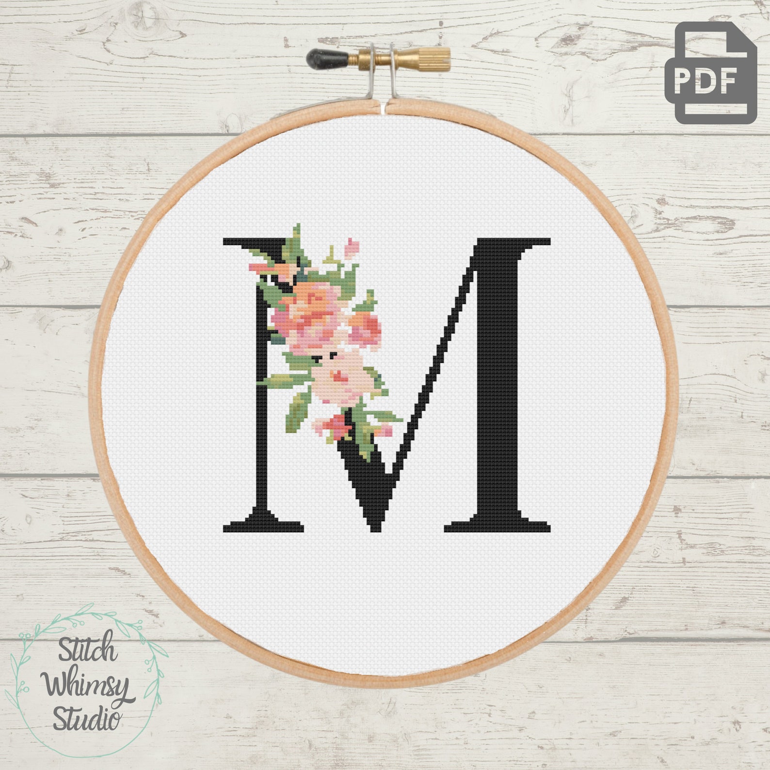 M Initial Monogram Letter Coral Peach Pink Botanical Floral Initial ...