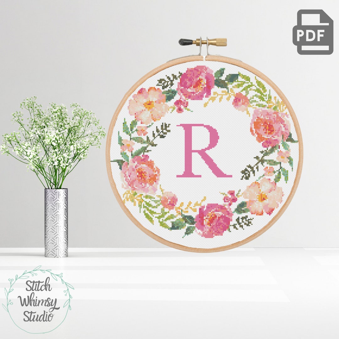 R initiale monogramme rose pivoine Floral couronne, bébé fille ...