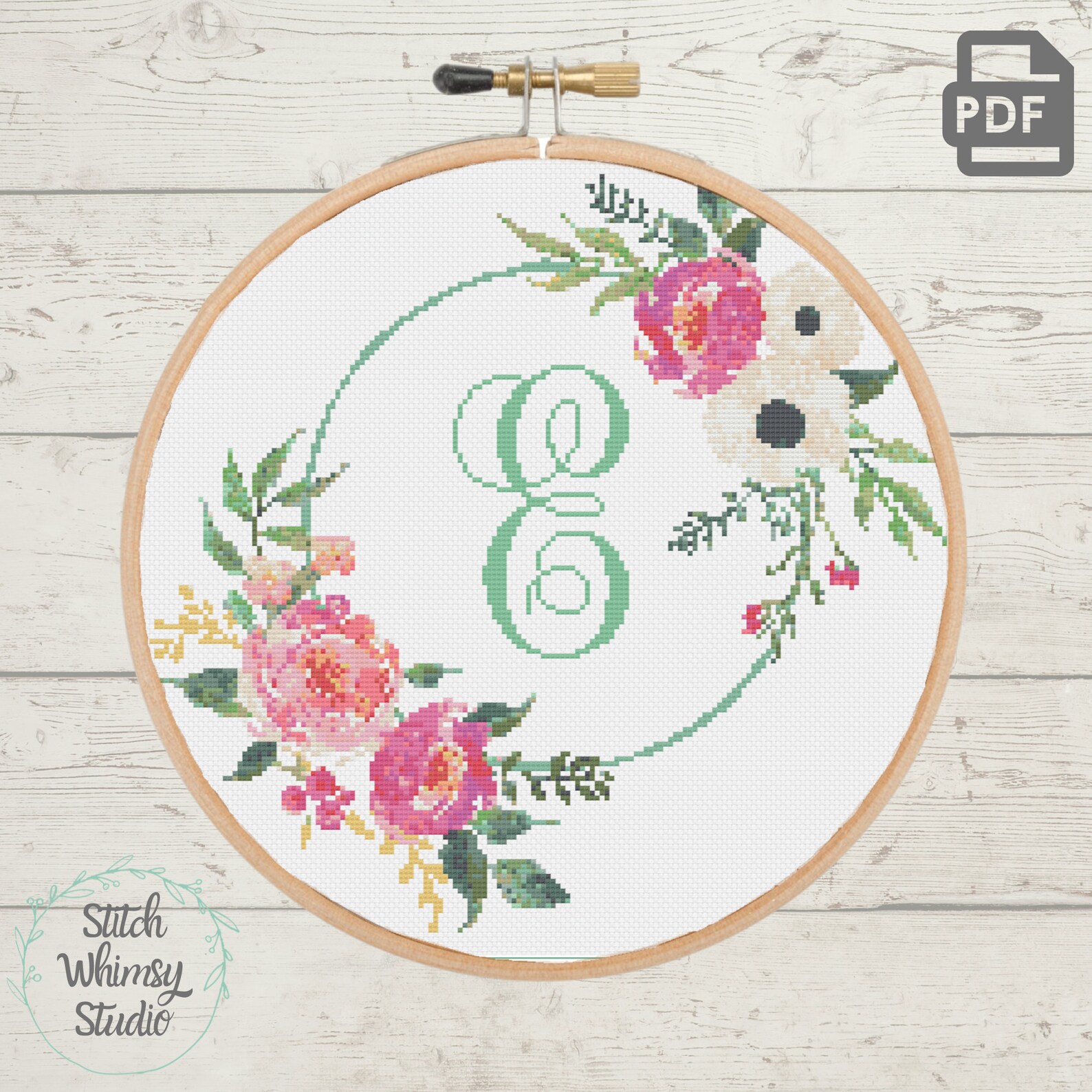 Letter E Monogram Initial Greenery Wreath Pink Peony Botanical Floral ...