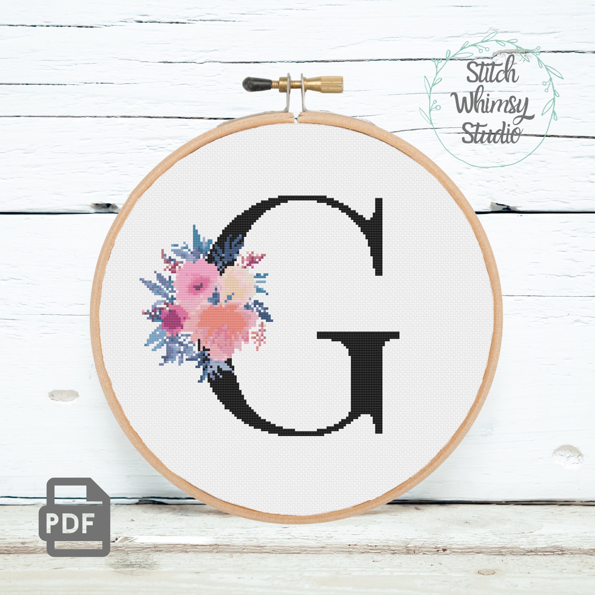 Letter G Monogram Initial, Peach Pink Botanical Floral Bouquet, Cross ...
