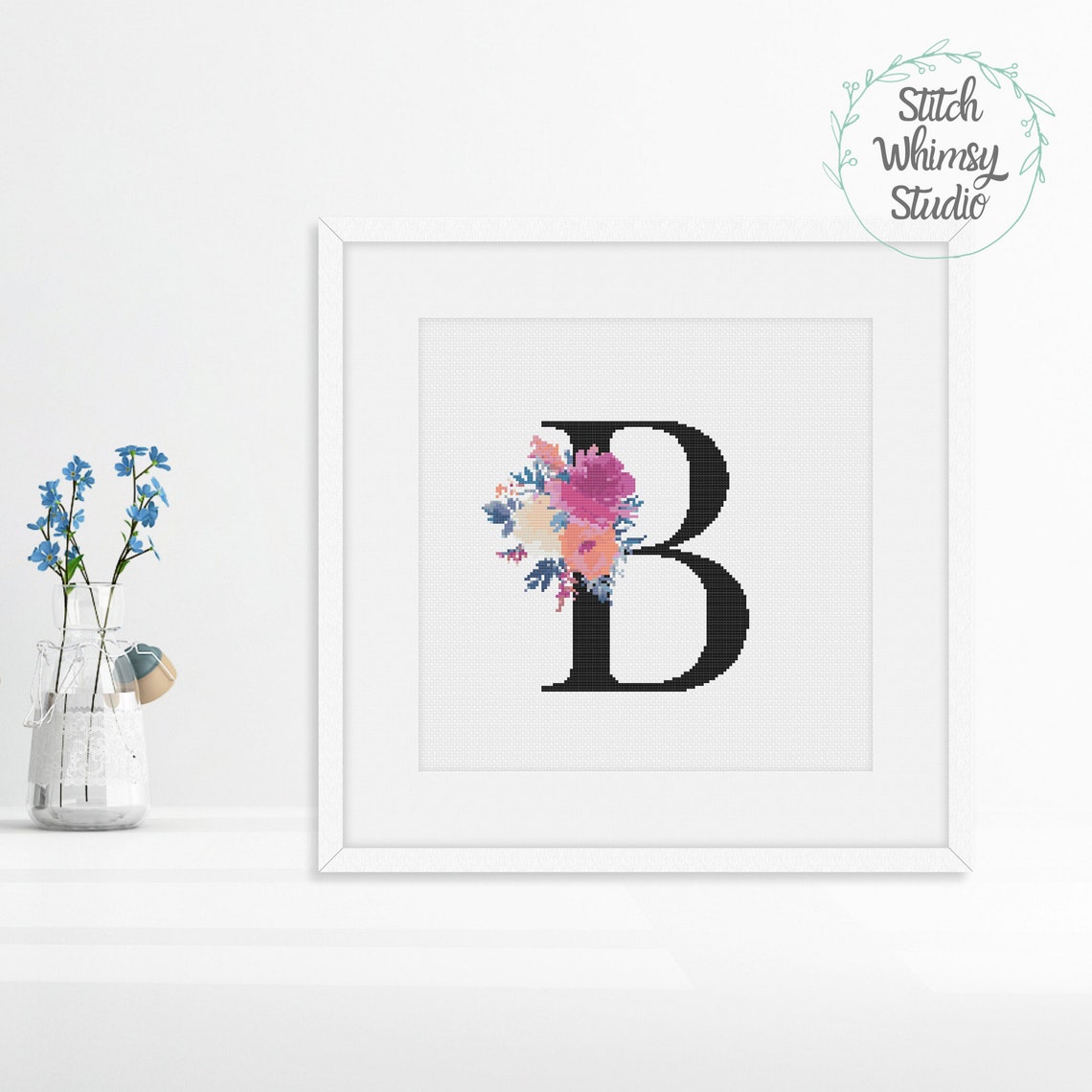 B Initial Monogram Cross Stitch Peach Purple Botanical - Etsy