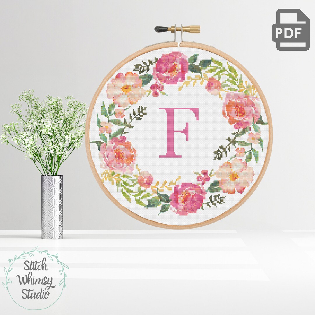 F Initial Monogram Pink Peony Floral Wreath, Baby Girl Nursery Modern ...