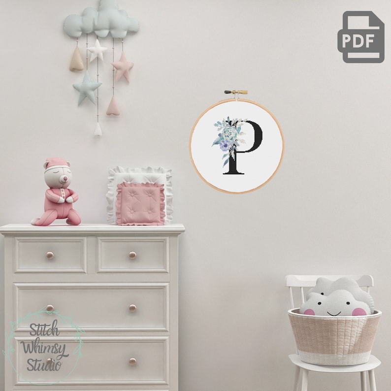 P Initial Monogram Letter Teal Purple Botanical Floral, Baby Girl ...