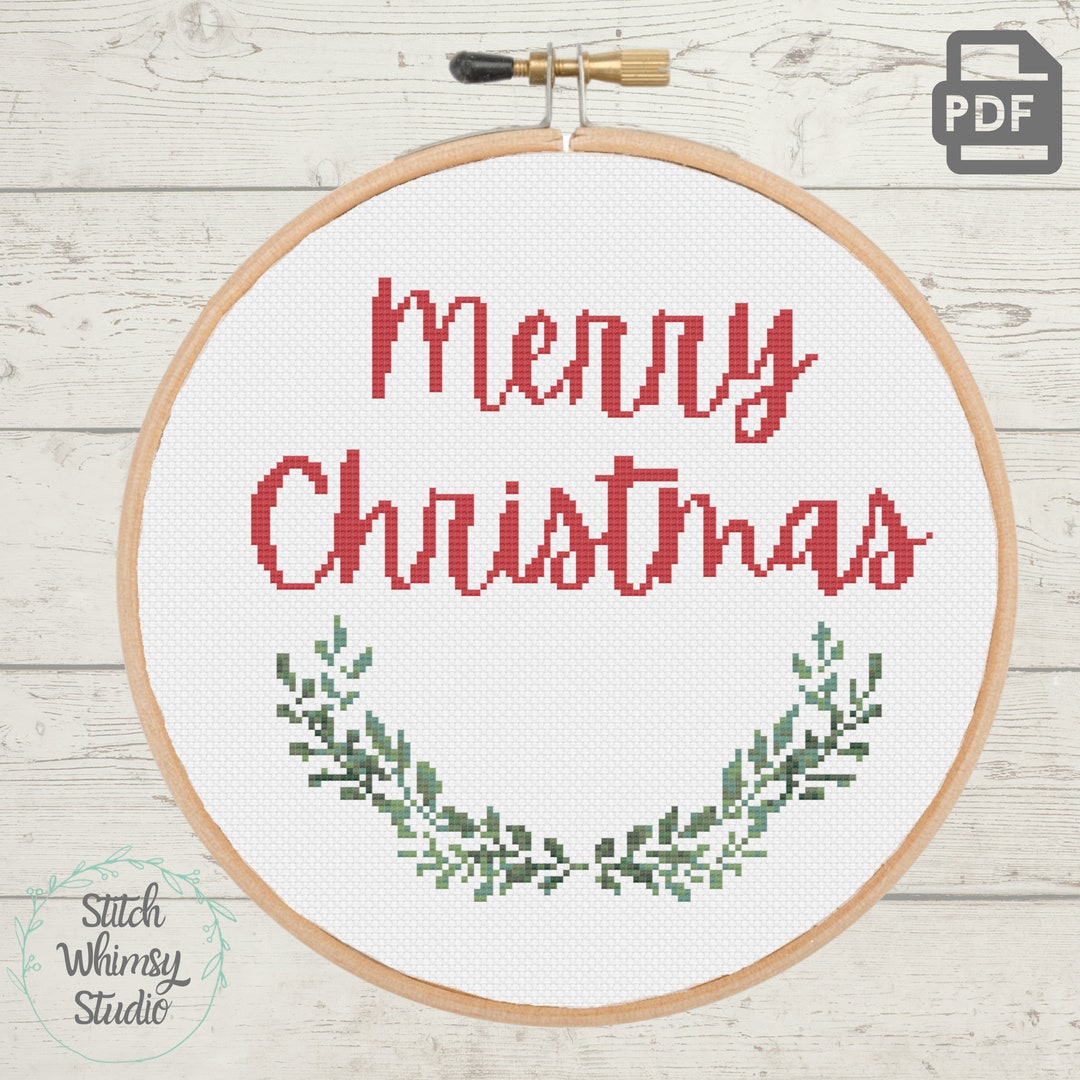 Merry Christmas Laurel Wreath Easy Cross Stitch for Beginners Holiday ...