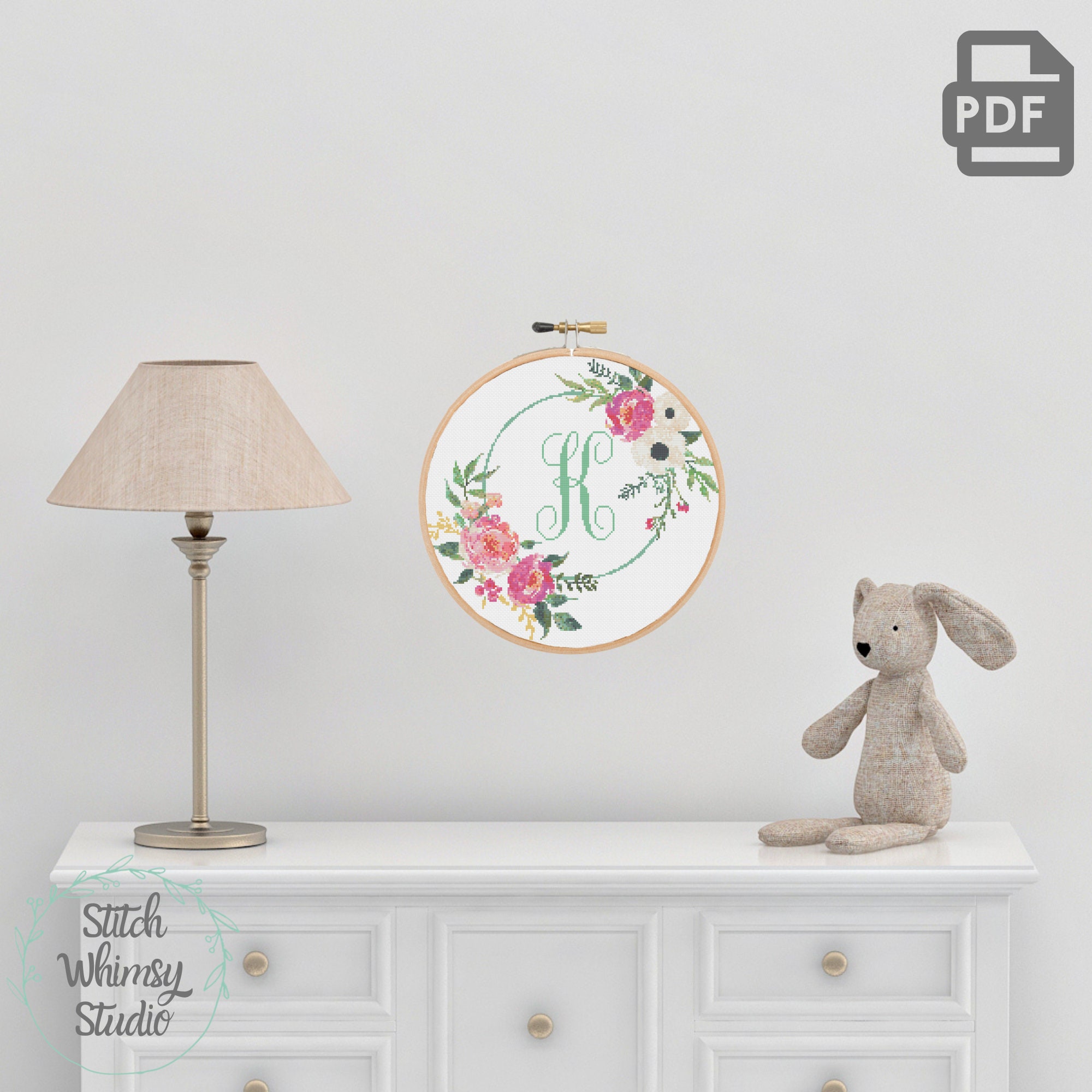 Letter K Monogram Initial Greenery Pink Peony Botanical Floral Initial ...