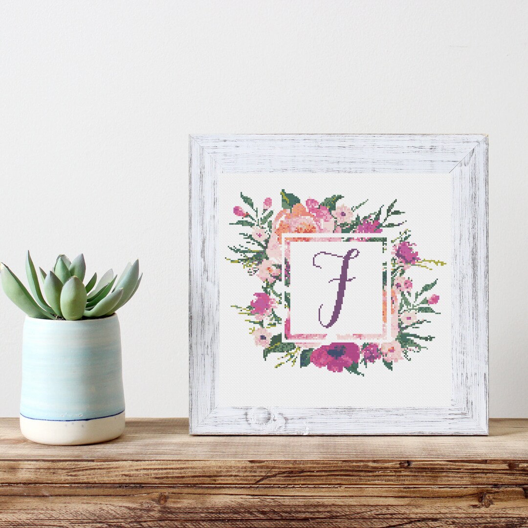Letter F Monogram Initial Purple Pink Botanical Floral Letter Counted ...