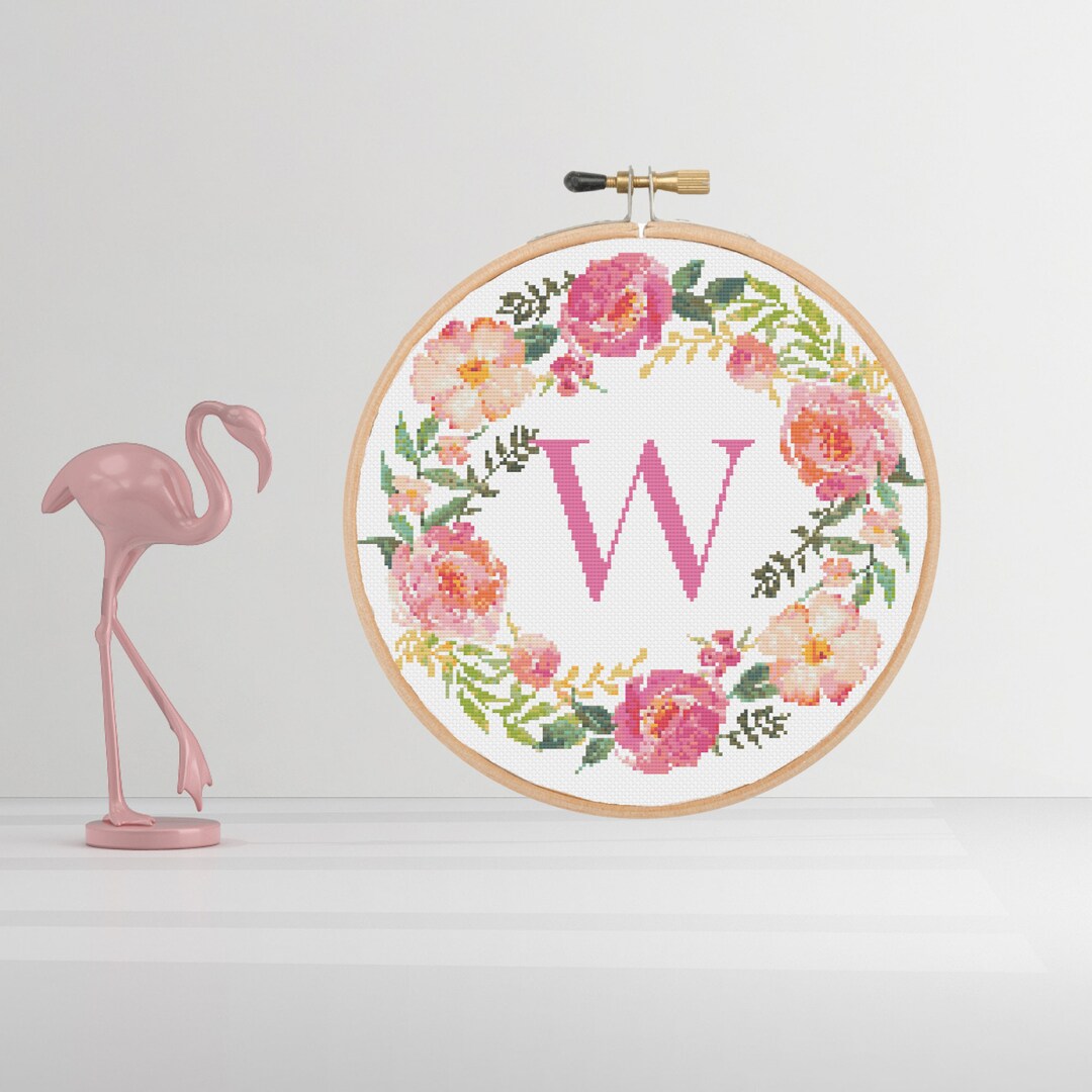 W Initial Monogram Pink Peony Floral Wreath, Baby Girl Nursery Modern ...