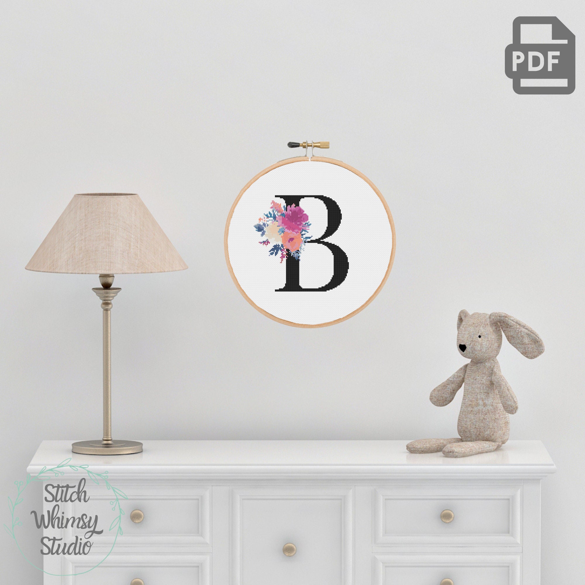 B Initial Monogram Cross Stitch, Peach Purple Botanical Floral, Baby ...