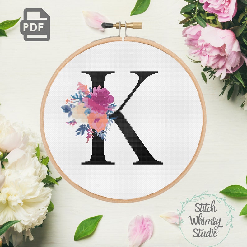 Letter K Monogram Initial Multicolor Bouquet Botanical Floral - Etsy