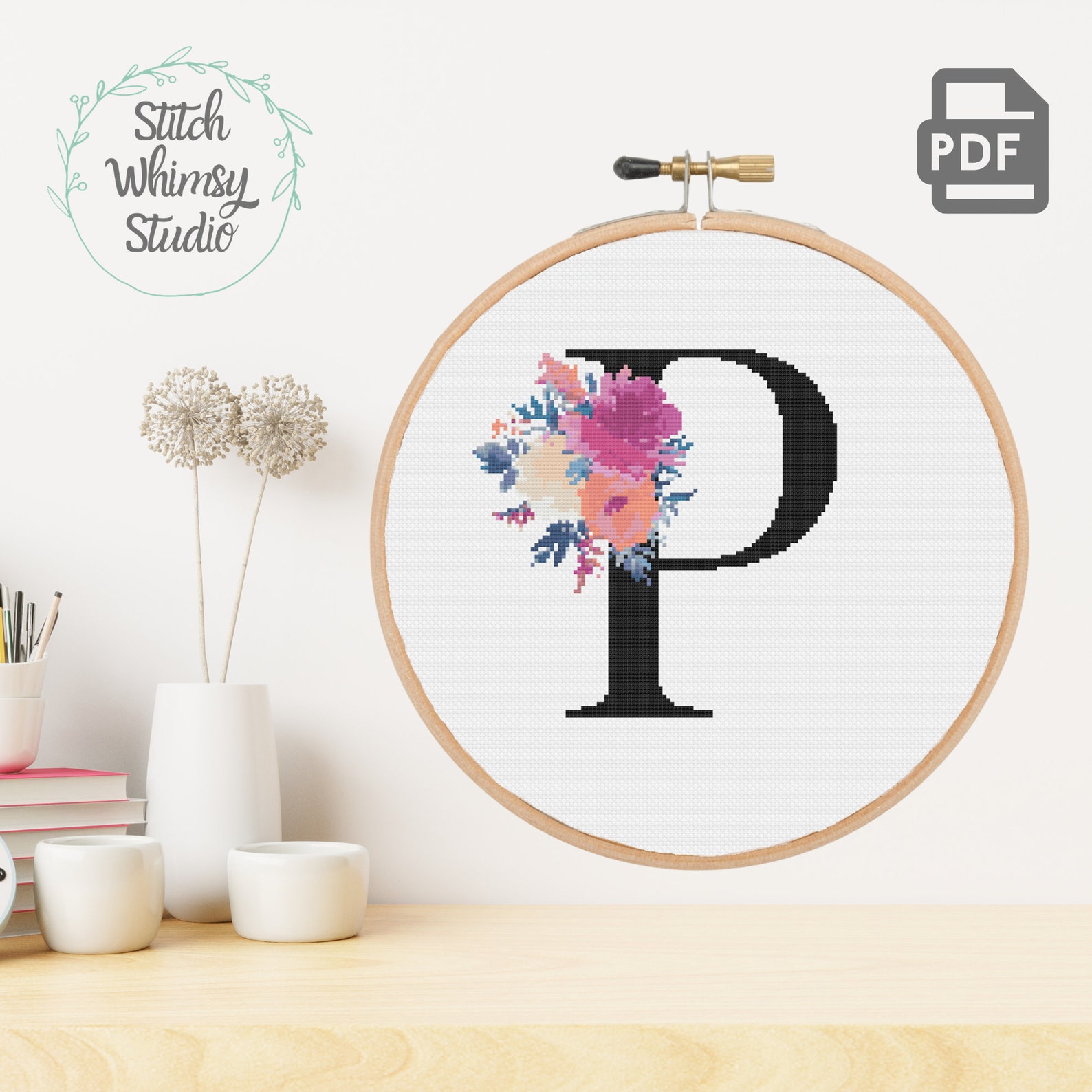 Letter P Monogram Initial Multicolor Bouquet Botanical Floral - Etsy