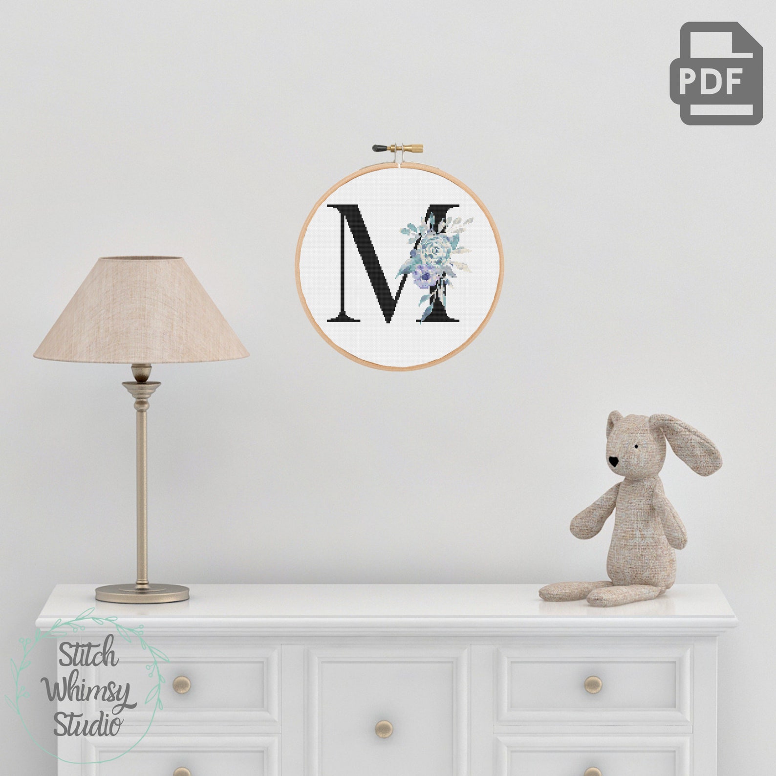 M Initial Monogram Letter Teal Purple Botanical Floral, Baby Girl ...