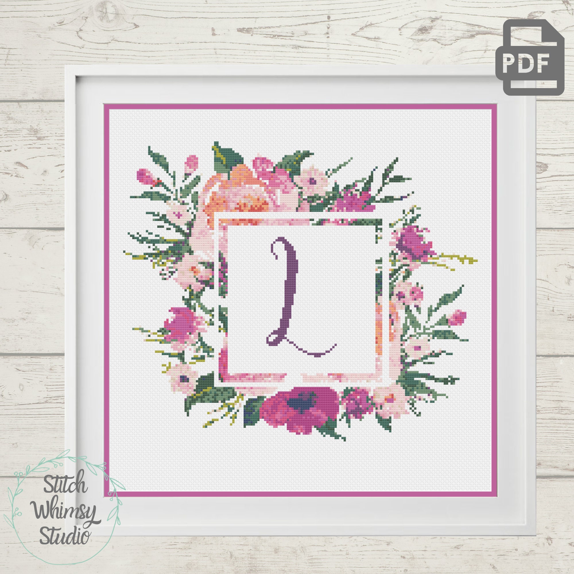 Letter L Monogram Initial Purple Pink Botanical Floral Letter Counted ...
