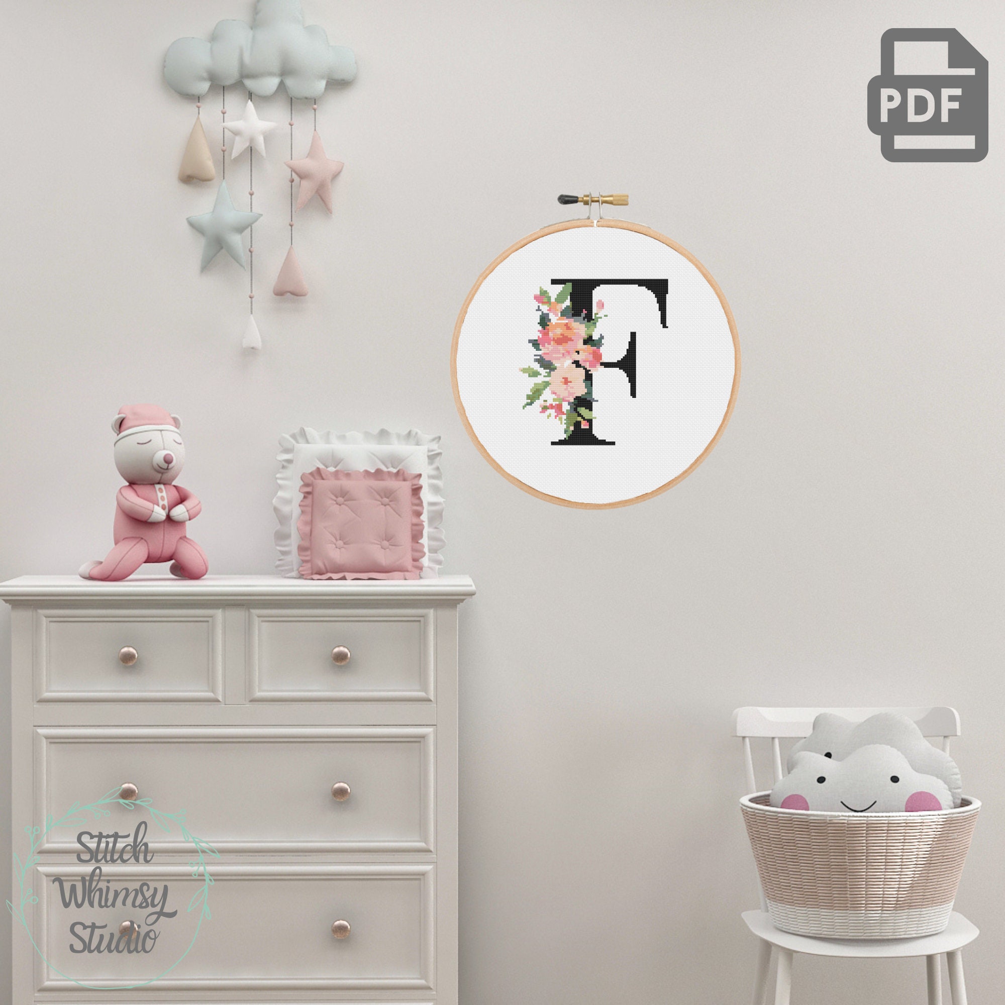 F Monogram Initial Letter Coral Peach Pink Botanical Floral Initial ...